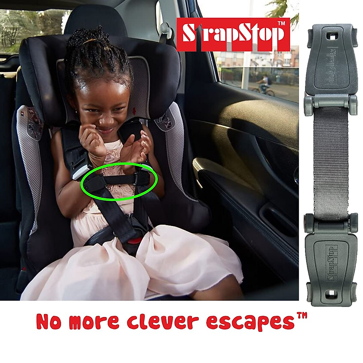 STRAP STOP Anti Escape Car Seat Strap — UK Made, Crash Tested, ECE R44-04 & R129 Passed Buckle up Houdini Straps for Car Seat — Multi-use & Impossible to Unlock (1 x Car Seat Safety Clip) - 4 Colors