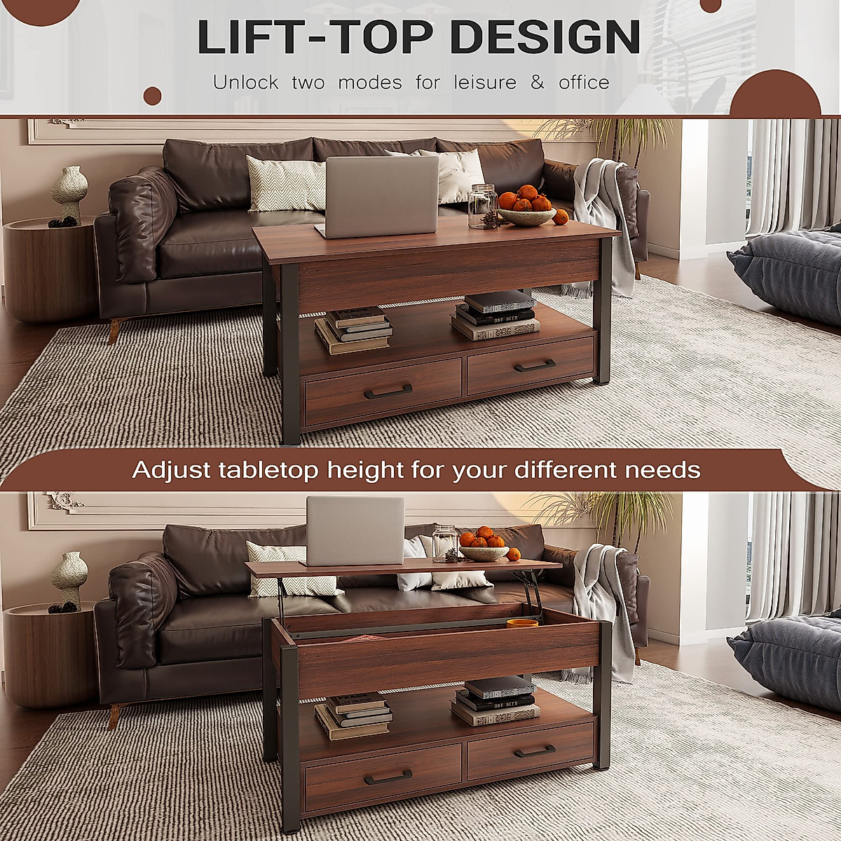 Osfvolr Lift Top Coffee Table, Coffee Table with Storage Drawers and Adjustable Metal Legs, Vintage Wood Living Room Tables with Hidden Compartment and Open Shelf, Espresso