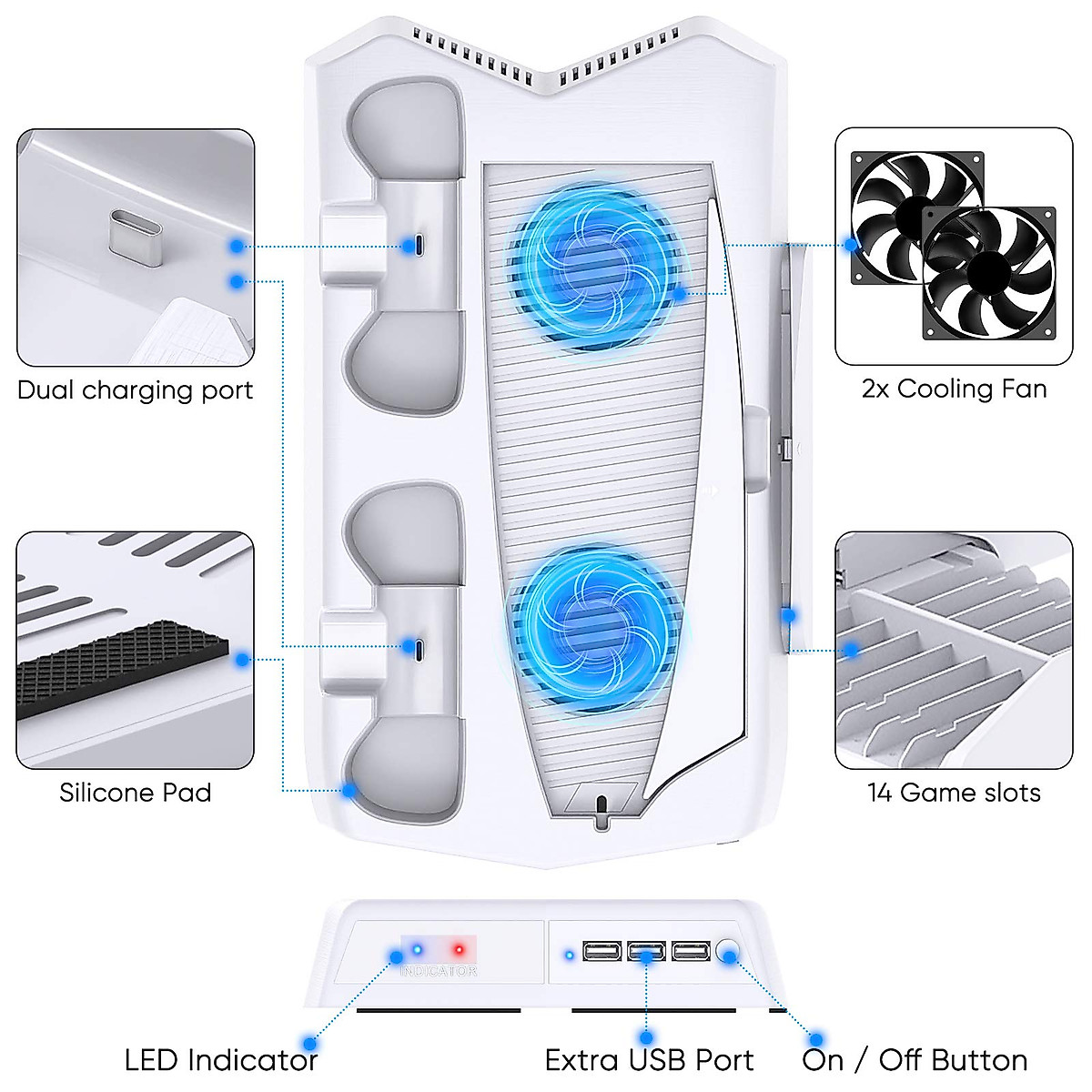 MENEEA Vertical Stand for PS5 Digital Edition/Ultra HD with Dual Controller Charging Station & Suction Cooling Fan & 14 Retractable Game Slots, for PS5 Gaming Accessories for PS5 Console