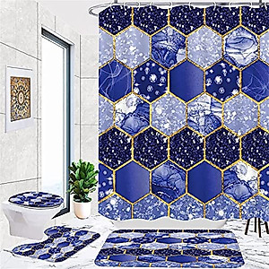 4PCS Glitter Marble Shower Curtains with Rugs Bath Mat Toilet Lid Cover and 12 Hooks Waterproof Bling Marble Bathroom Shower Curtain Set
