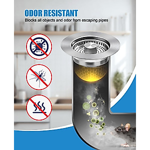 Kitchen Sink Drain Strainer, 3 in 1 All Stainless Steel Sink Strainer, Pop Up Sink Stopper with Copper Bounce Core, Anti-Clog Food Catcher Basket for US Standard 3-1/2 inch Drain (1 Pack)