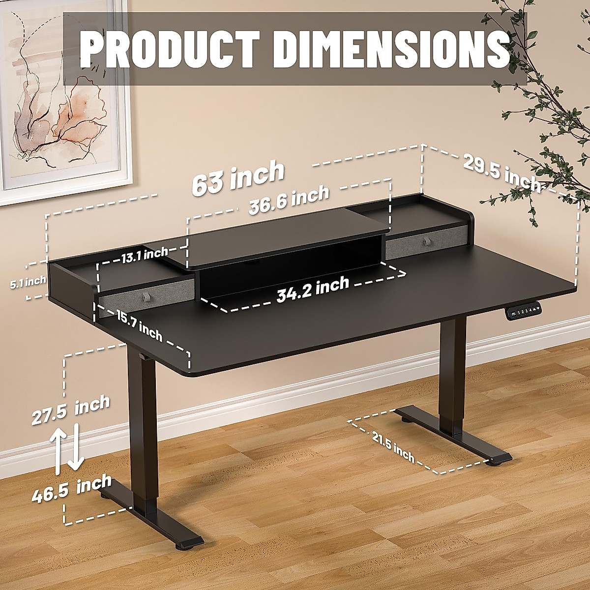 ExaDesk 63×30 Inch Electric Standing Desk with 2 Drawers, Adjustable Height Widened Stand Up Desk with Storage Shelf, Sit to Stand Ergonomic Workstation for Home Office