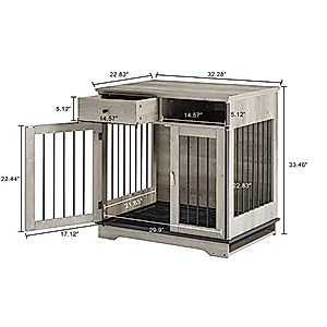 OGAOL Dog Crate Furniture, Wood Furniture Style Dog Crate End Table with Drawer, Medium Dog Kennel with Removable Tray, Rustic Deco Dog House Cage for Dogs up to 60 lb, Chew-Proof (Grey-with Tray)