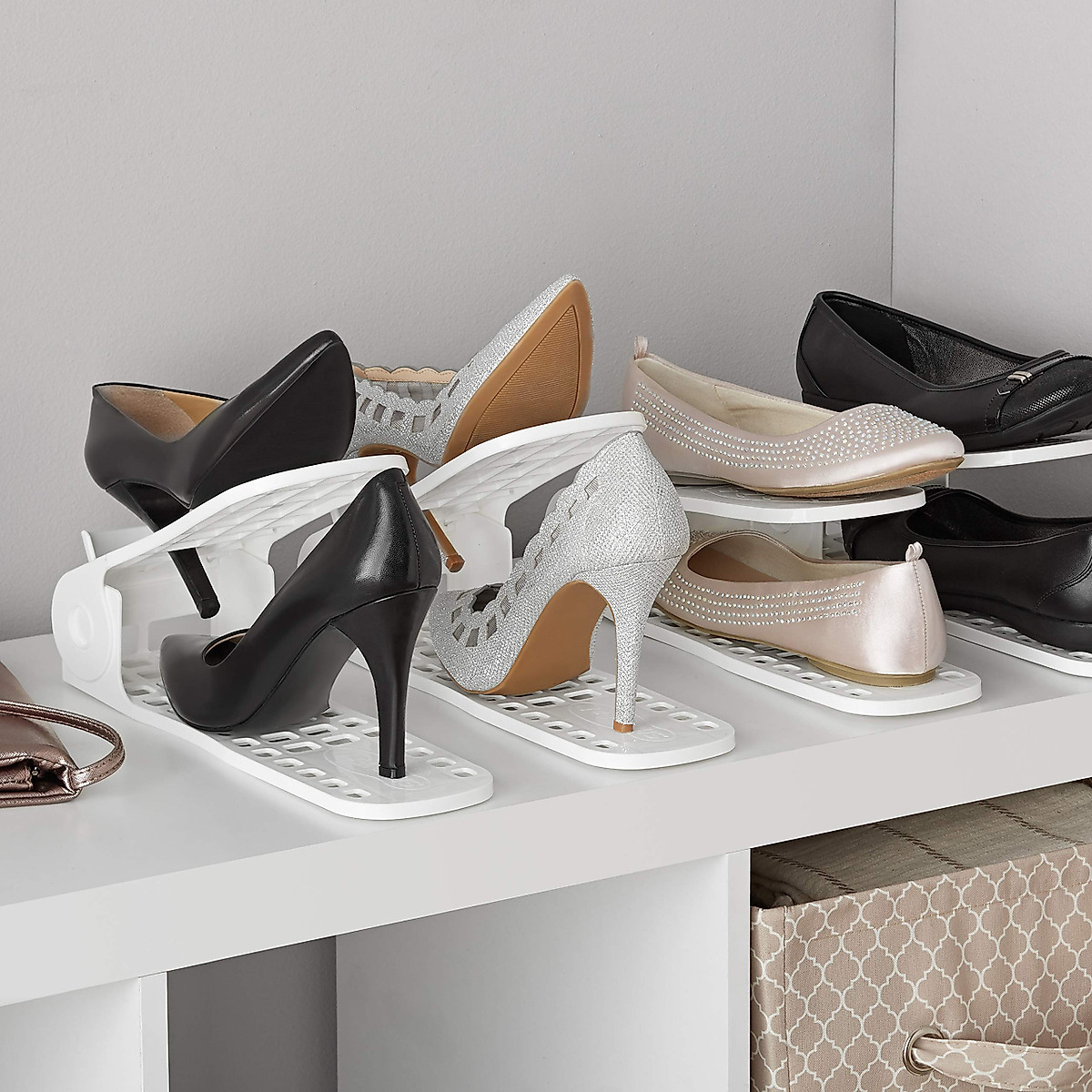 Shoepal- Adjustable Shoe Slot Organizers – Space-Saving Shoe Stackers for Closet, Double Layer Shoe Storage Racks for Sneakers, Heels, Flats & More (White, 4)