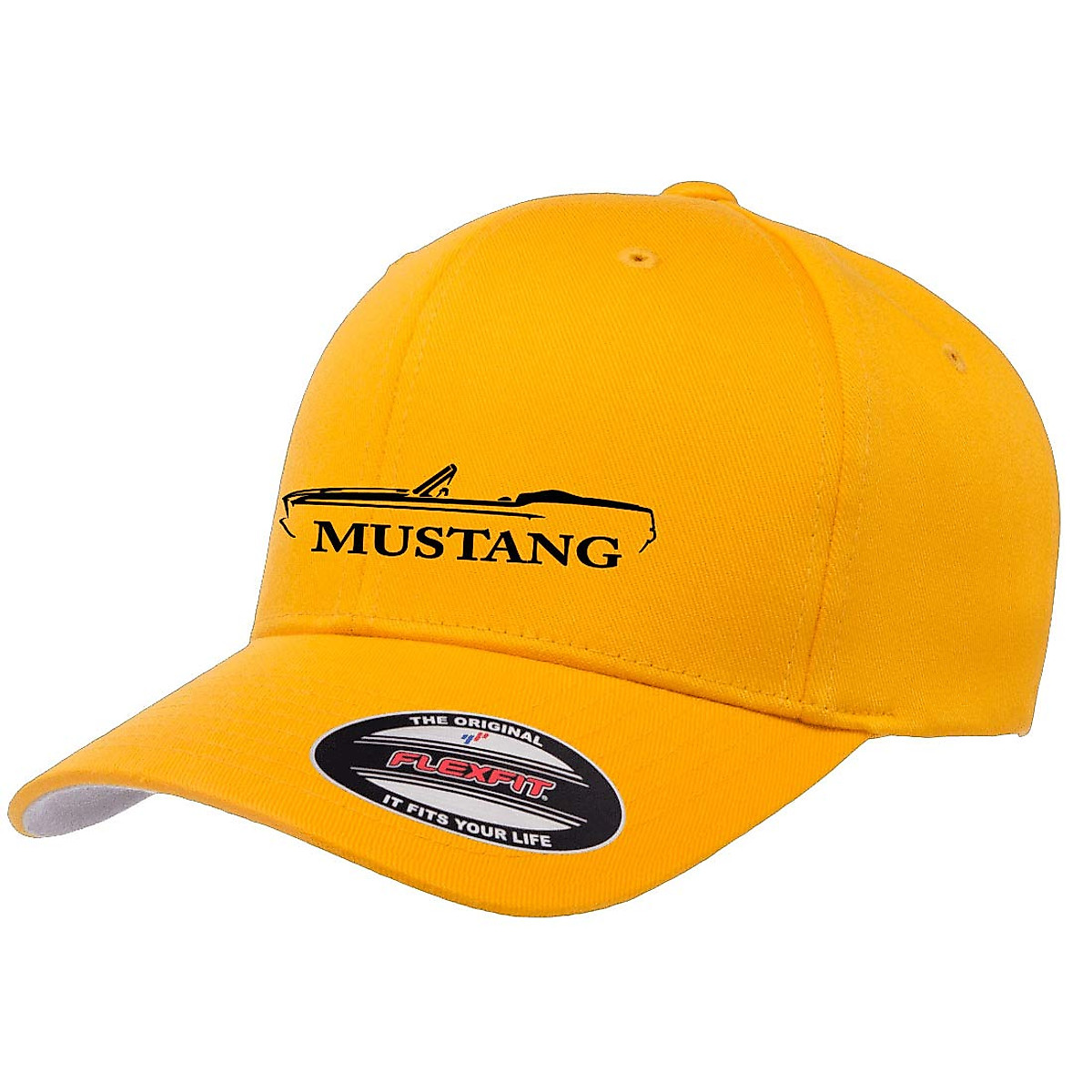 1967 1968 Ford Mustang Convertible Outline Design Flexfit 6277 Athletic Baseball Fitted Hat Cap Gold S/M
