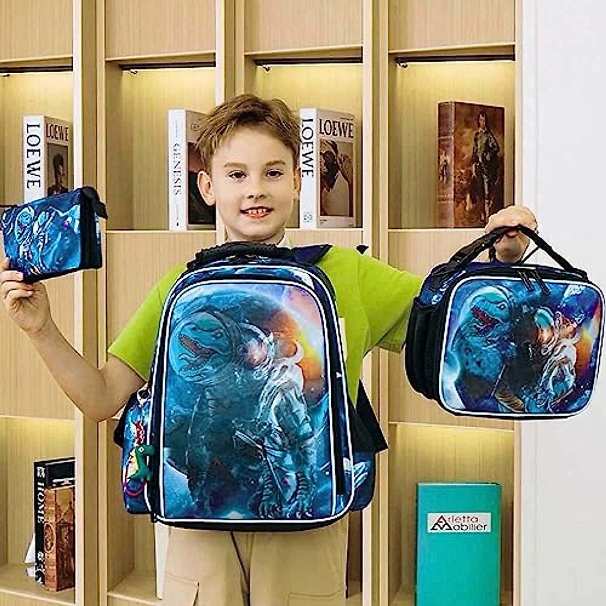 UFNDC 3PCS Dinosaur Backpack for Boys, 3D Kids Preschool Bookbag with Lunch Box, 16”Water Resistant School Bag for Elementary Toddler