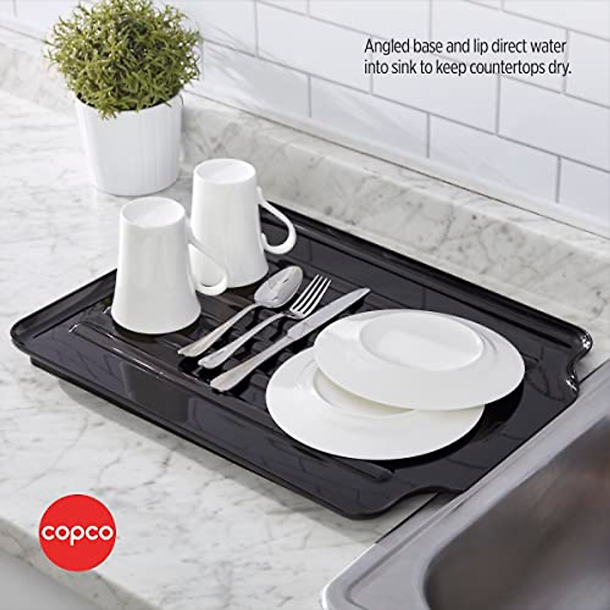 Copco Large Black Drain Board Fits Under Any Large Dish Rack to Catch Water or for Larger Pots Alone, Angled Base Allows for Self Draining with Raised Ribs to Prevent Water from Puddling