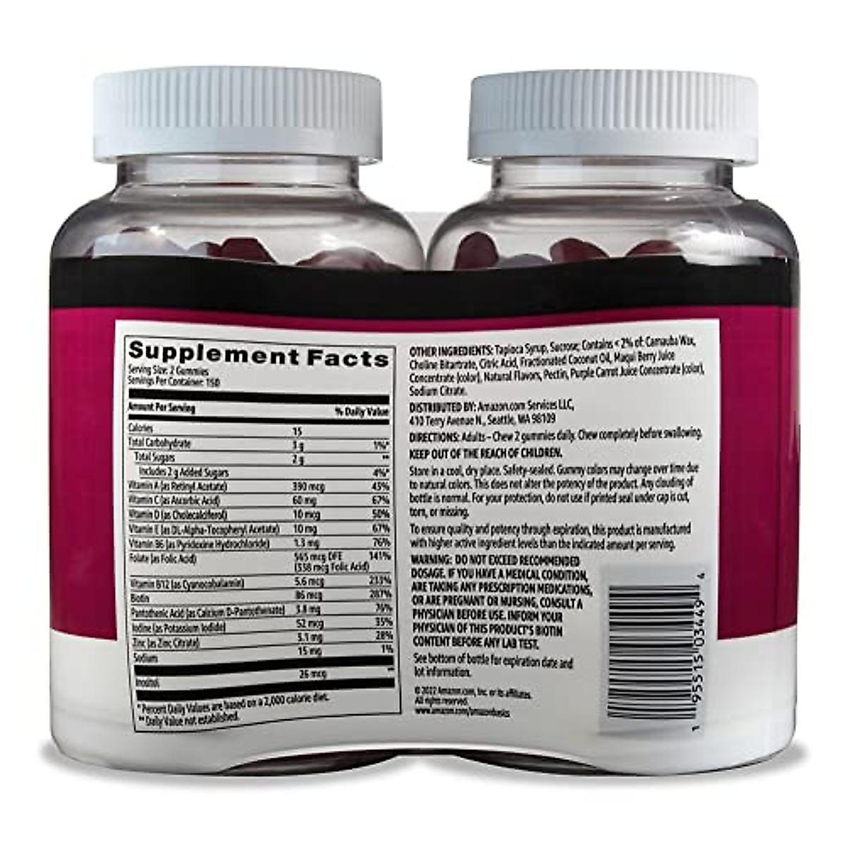 Amazon Basics Adult Multivitamin for Men & Women, 300 Gummies with Vitamins A, C, D, E, B-6 and B-12, 150 Count (Pack of 2) (150 Day Supply) (Previously Solimo)