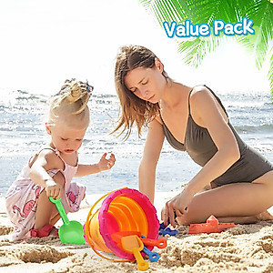 LNCOJOLM Collapsible Bucket Beach Bucket with Rake Spade Sifter Sandbox Toys, Foldable Sand Pail Shovel Castle Mold Garden Tool Kits for Digging Camping Fishing