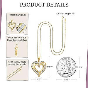 Jewelili Womens Heart Yellow Gold Over Sterling Silver Necklace with Natural White Round and Baguette Diamonds 1/4 Cttw 18" Box Chain