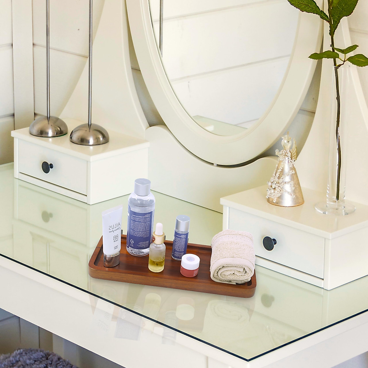 KOLWOVEN Set 2 Wooden Toilet Tray & Vanity Tray from Acacia Wood for Bathroom Counter Organizer and Back of Toilet Tank Topper Paper Hand Towel Tray Decorative Organizer for Bathroom Accessories