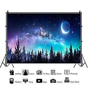 AOFOTO 10x7ft Starry Night Forest Backdrop Beautiful Universe Galaxy Stars and Moon Nature Summer Sky Nebula Nightscape Milky Way Background Photo Studio Props Vinyl Parties Events Poster Banner