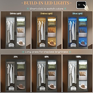 Vlsrka LED Armoire Wardrobe Closet Cabinet with 3 Drawers, 2 Doors Bedroom Storage Wardrobe with Lights, Adjustable Shelves, Hanging Rod, Modern Design, Grey - 70"