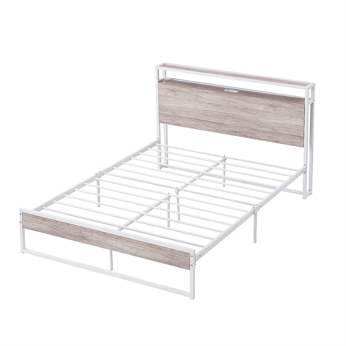 Bellemave Full Metal Bed Frame with Wooden Headboard and USB Ports Full Size Platform Bed 2-Tier Storage Headboard and Charging Station, Noise-Free, No Box Spring Needed, White