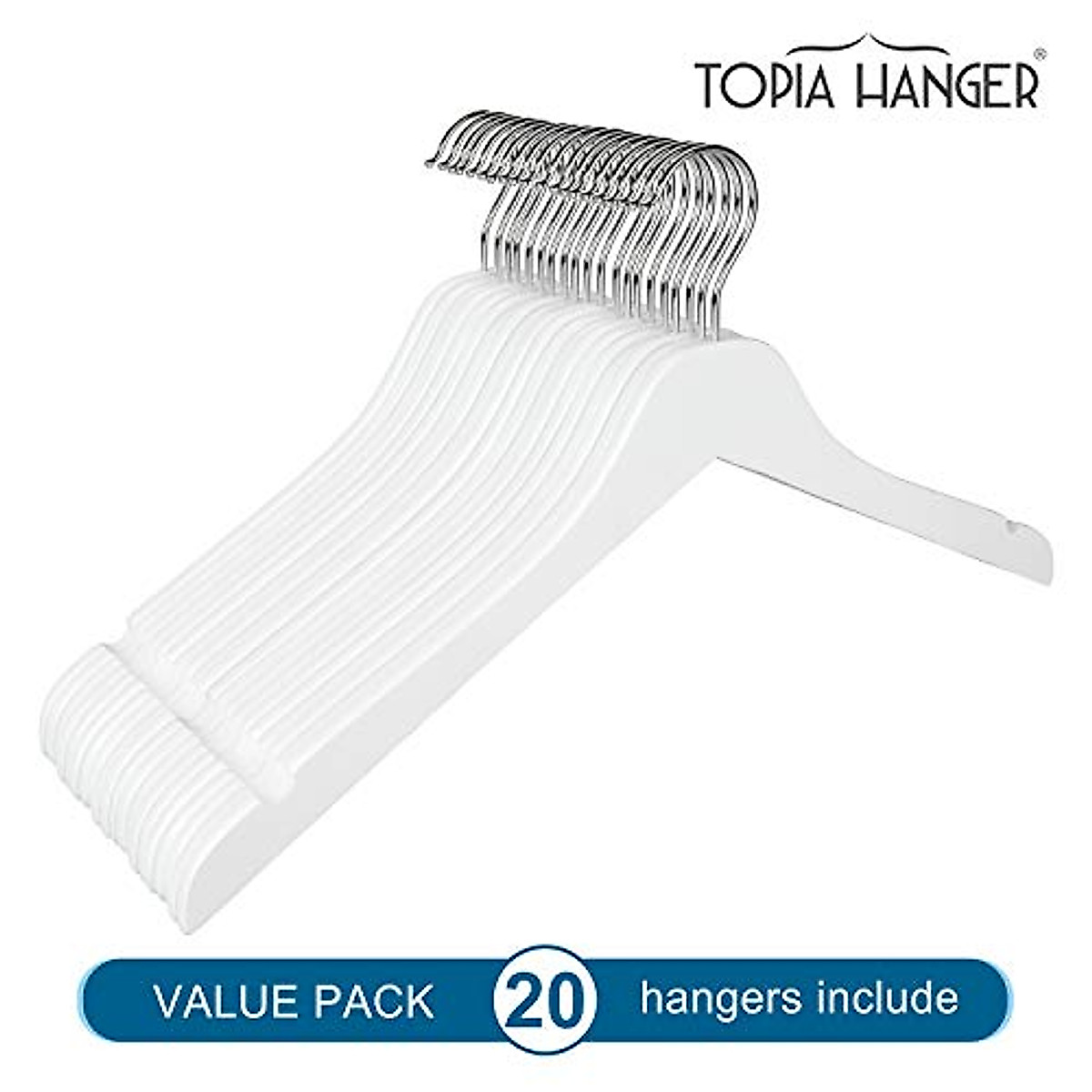 TOPIA HANGER White Wooden Hangers 20 Pack, 0.28 inch Slim Beech Wood Clothes Hanger with Flat Design and Smooth Notches, Lightweight&Durable Space Saving Hangers for Shirt, Coat, Camisole-CT30W