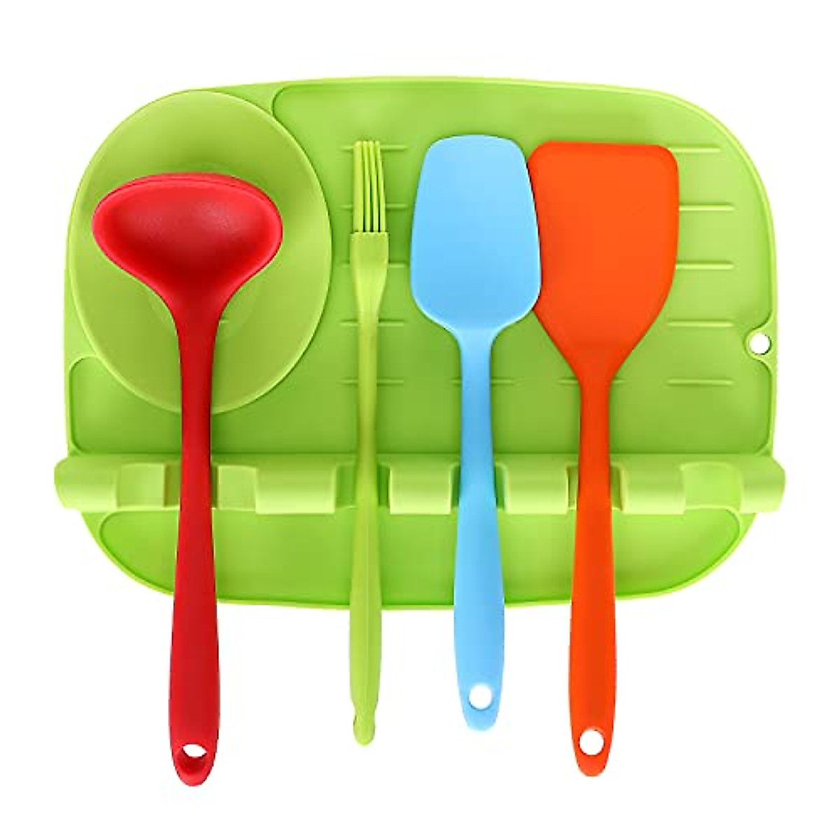 ANNCED Silicone Utensil Spoon Rest 2 in 1 Larger Size for Stove Top with Drip Pad Include 5 Slots 1 Spoon Holder,Hang Hole Design,Kitchen Utensil Holder for Countertop,Spoons, Ladles,Tongs Green