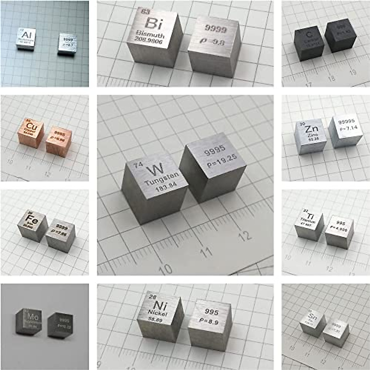 0.39" Element Cube - Set of 11 Metal Density Cubest Include Zinc Tin Copper Iron Aluminum Carbon Titanium Nickel Molybdenum Bismuth Tungsten for Labs and Collections