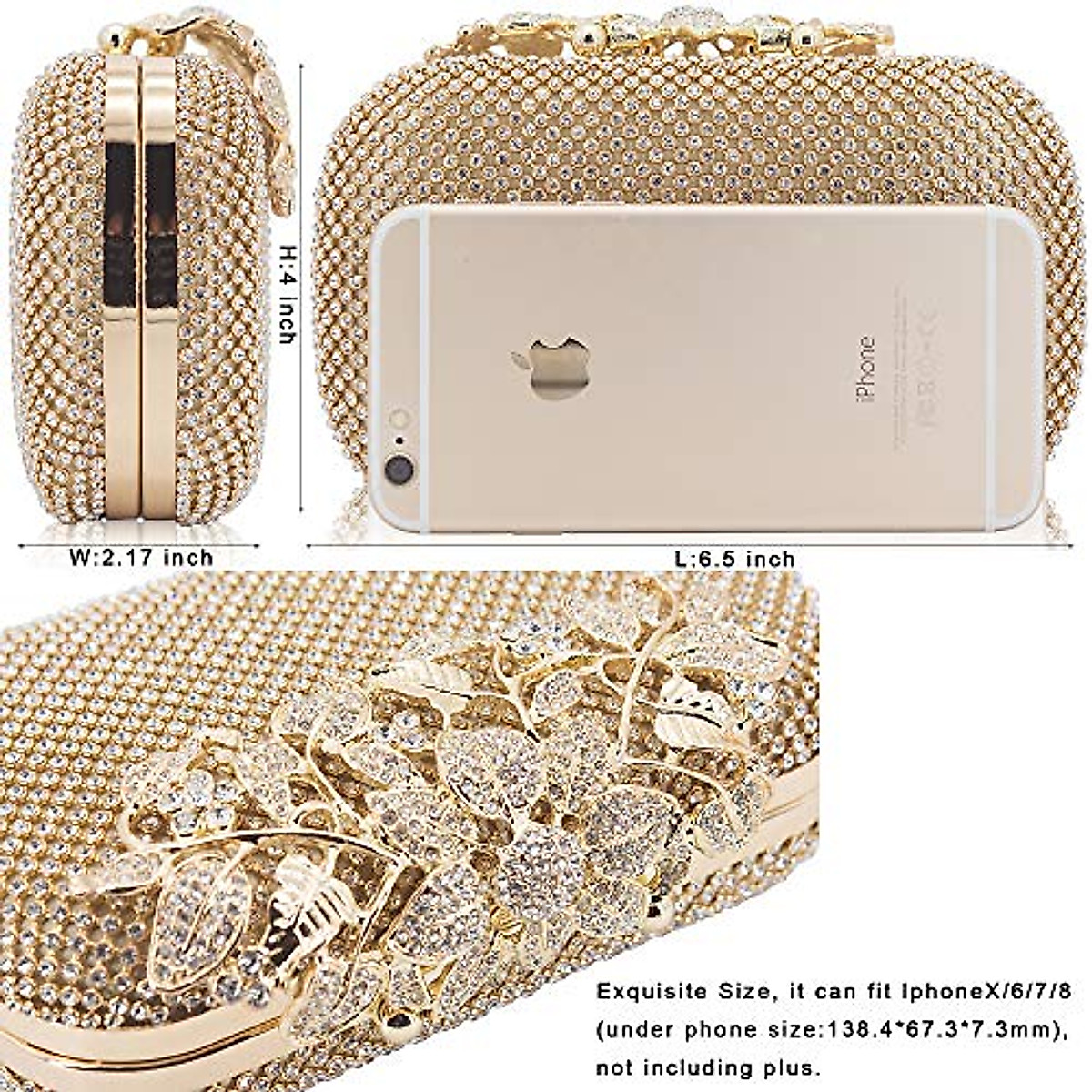 Dexmay Luxury Flower Women Clutch Purse Rhinestone Crystal Evening Bag for Wedding Party Gold