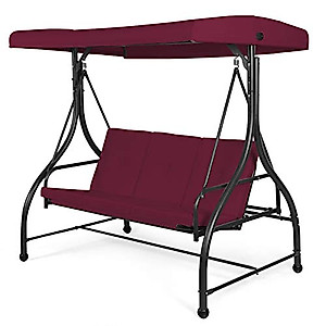 Tangkula 3 Seats Converting Patio Swing, Outdoor Porch Garden Canopy Swing with Comfortable Cushion Seats & Adjustable Tilt Canopy, Heavy Duty Hammock 3 Persons Porch Swing (Wine)