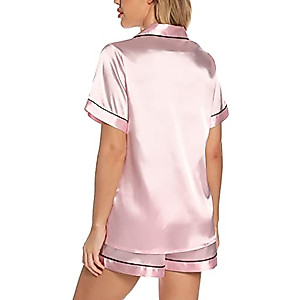 Pjmlifecoco Silk Satin Pajamas Women Short Sleeve Sleepwear Button Down Loungewear Soft Summer Pjs Shorts Set Pink
