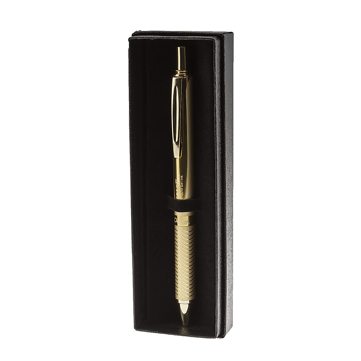 Pentel EnerGel Alloy Retractable Liquid Gel Pen, Gold Barrel, Black Ink, in gift box with info band (BL407XABX)