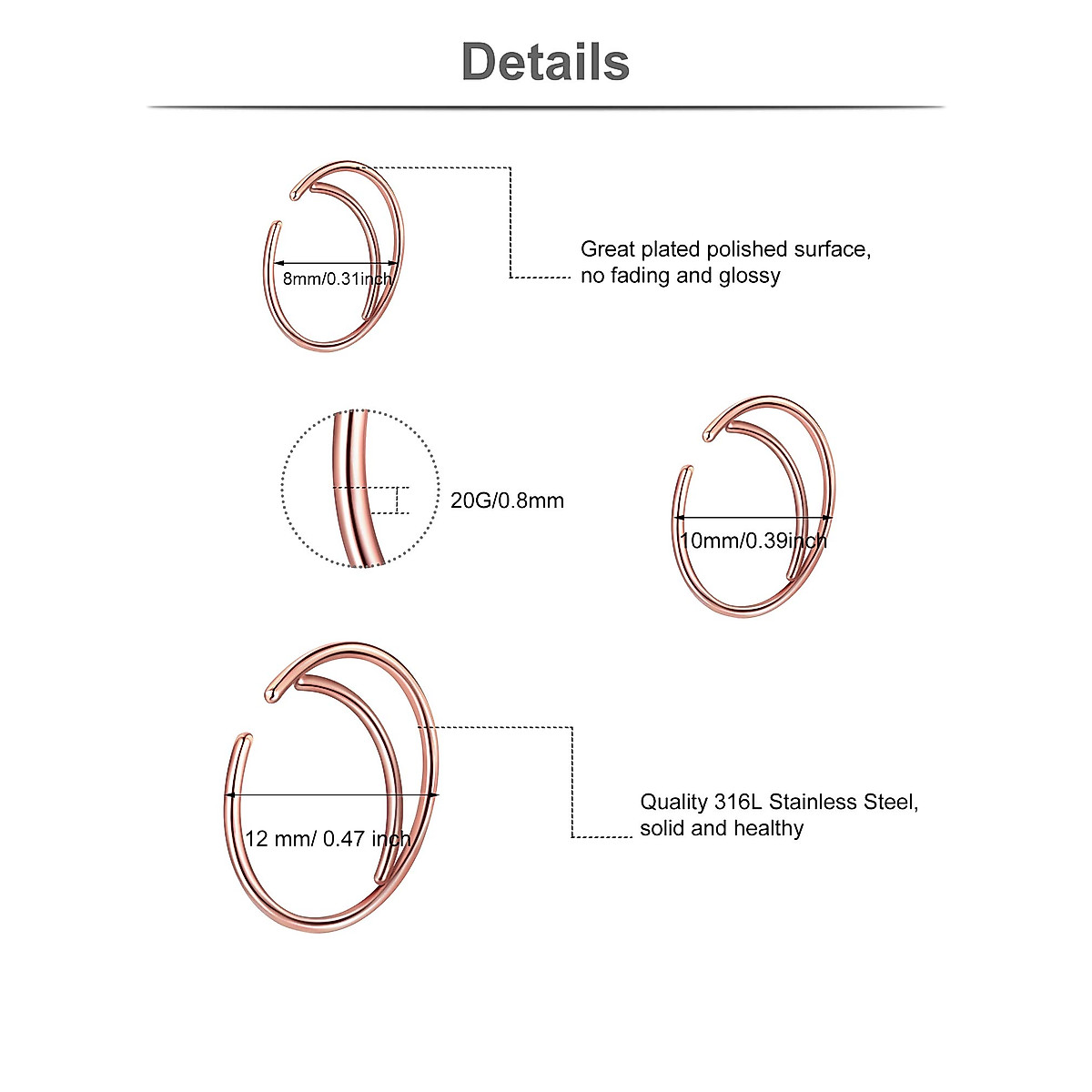 Gejoy 18 Pieces 20 G Moon Nose Ring Surgical Steel Septum Ring for Cartilage Helix Ear Piercing, 3 Sizes, 6 Colors