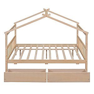 Full Size House Bed with 2 Storage Drawers Wooden Kids Montessori House Bed Frame Wood Playhouse Tent Bed for Girls Boys Teens, Natural