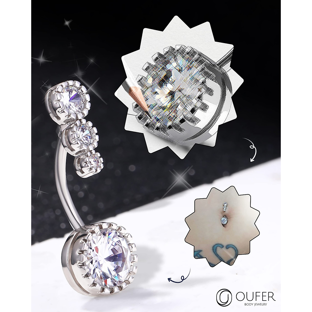 OUFER 316L Surgical Steel Belly Button Rings Clear CZ Navel Rings Belly Rings Belly Piercing