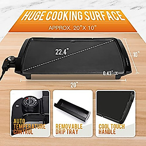 Aigostar Electric Griddle Nonstick 1500W Pancake Griddle 8-Serving Electric Indoor Grill 5-Level Control with Adjustable Temperature & Oil Drip Tray for Easy Cleaning, 20” x 10” Family-Sized, Black