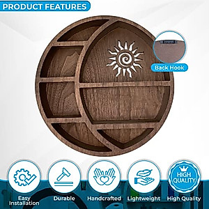 Wooden Crescent Sun Moon Shelf Wall Decor - Decorative Boho Home Hanging Display Shelf for Bedroom, Dorm, Nursery - Easy Mount Storage for Crystals and Essential Oils - 14 x 14 x 3.5