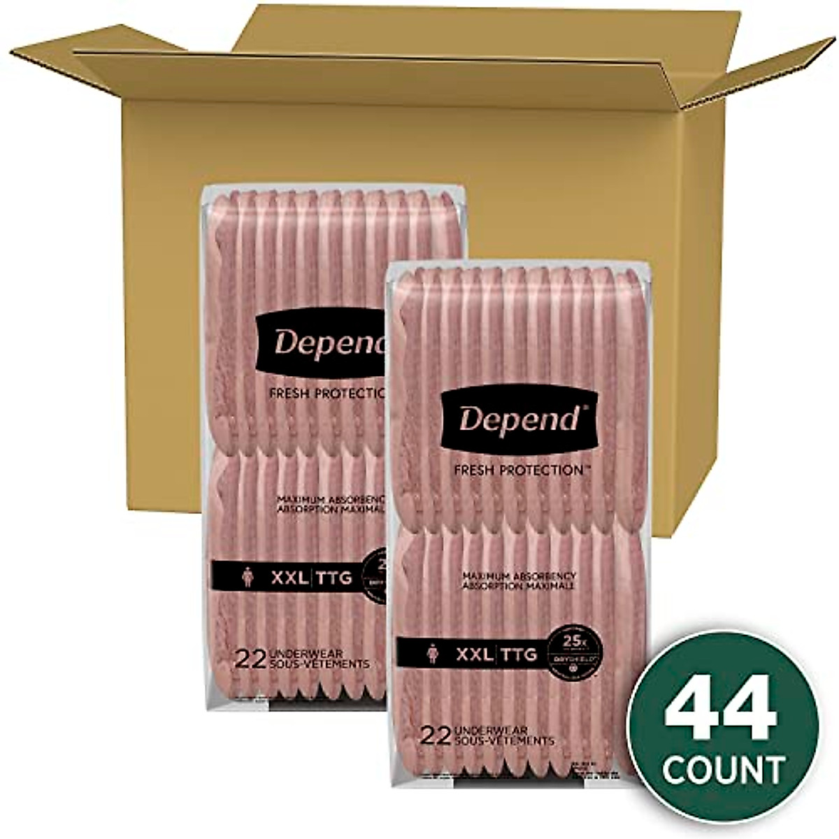 Depend Fresh Protection Adult Incontinence Underwear for Women (Formerly Depend Fit-Flex), Disposable, Maximum, Extra-Extra-Large, Blush, 44 Count, Packaging May Vary