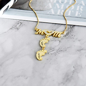 RESVIVI Personalized Mom Necklace with Child Name Custom Engraved Feet Charms Mother Necklace Jewelry Gift for Her