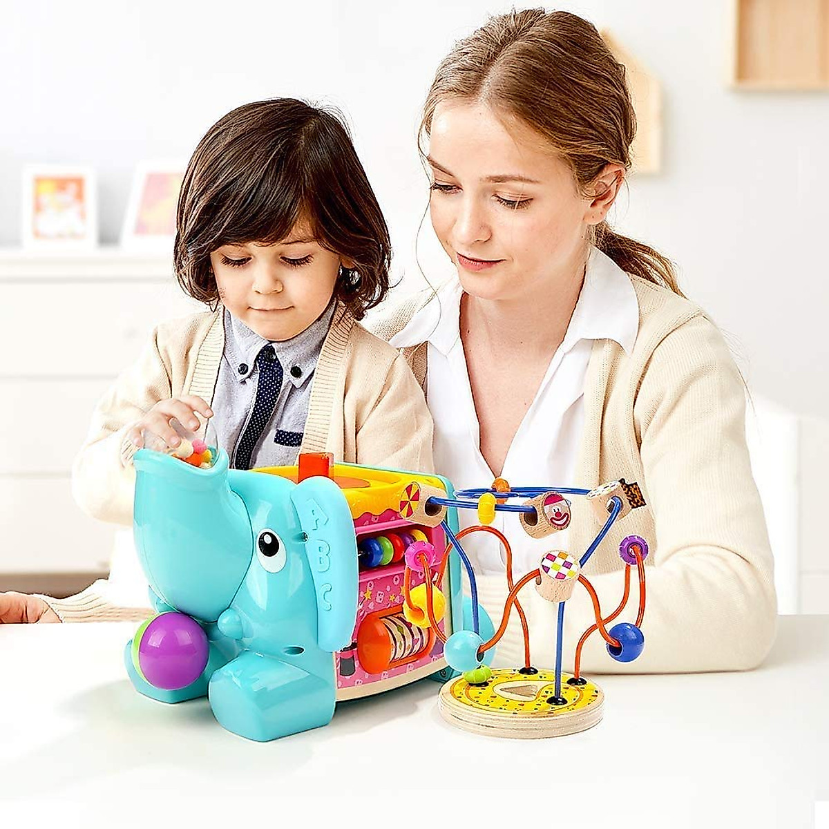 TOP BRIGHT Activity Cube Toys for 1 Year Old Girl, Toddlers Wooden 7 in 1 Activity Cube Center Playset with Bead Maze Shape Sorter