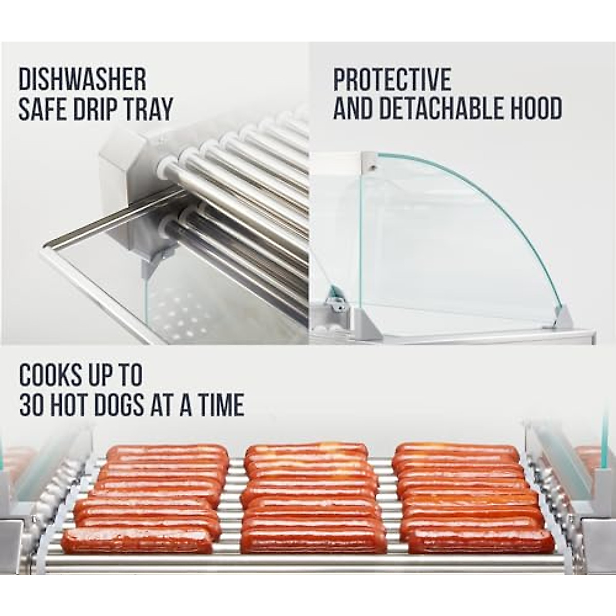 SYBO Hot Dog Roller, 30 Hot Dogs 11 Rollers Grill Cooker Machine with Removable Stainless Steel Drip Tray and Glass Hood Cover, 1430-Watts, Perfect for Commercial And Party