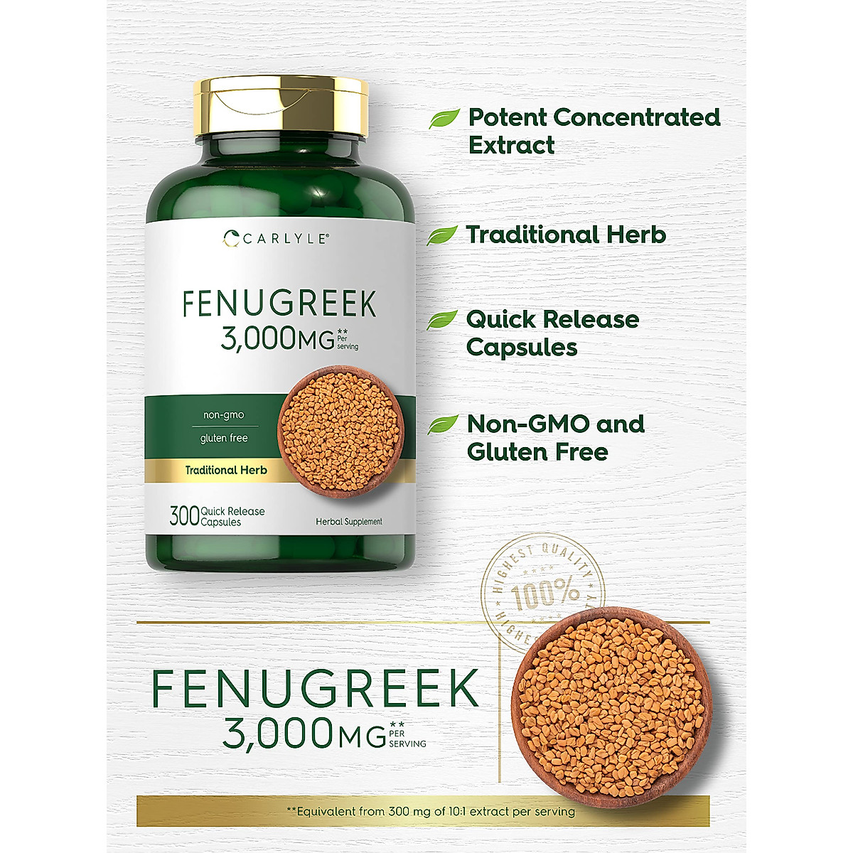 Carlyle Fenugreek Capsules | 300 Count | Non-GMO & Gluten Free Extract | Fenugreek Seeds