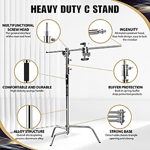 LOMTAP C Stand Light Stand Stainless Metal Photography Kit - Heavy Duty 6.8ft/210cm Vertical Pole, 2.8ft/87cm Boom Arm, Adjustable Base, Water Sandbag, 2 Grip Heads, 3 Clips for Softbox, Reflector