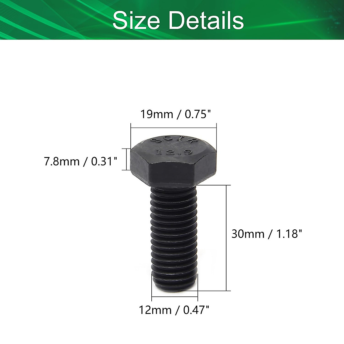 Yinpecly M12 x 30mm Carbon Steel Grade 12.9 External Hex Head Screw Bolts Metric Fully Thread Hexagon Bolts Fastener, 37.8 x 19 x 19mm (Lx W x H) for Machinery Furniture Hardware Black 5pcs