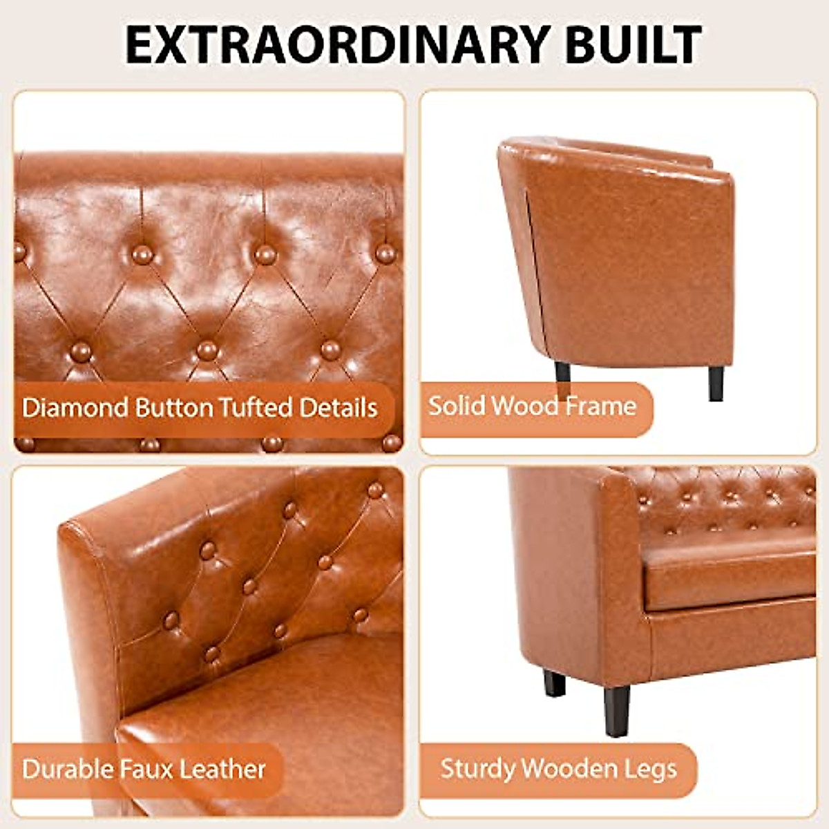 Emma Love Seat, Button Tufted Faux Leather Barrel Loveseat, Midcentury Modern 2 Seater Sofa Couch, Small Loveseat for Small Spaces, Bedrooms, Couches for Living Room, Easy Tool-Free Assembly - Caramel