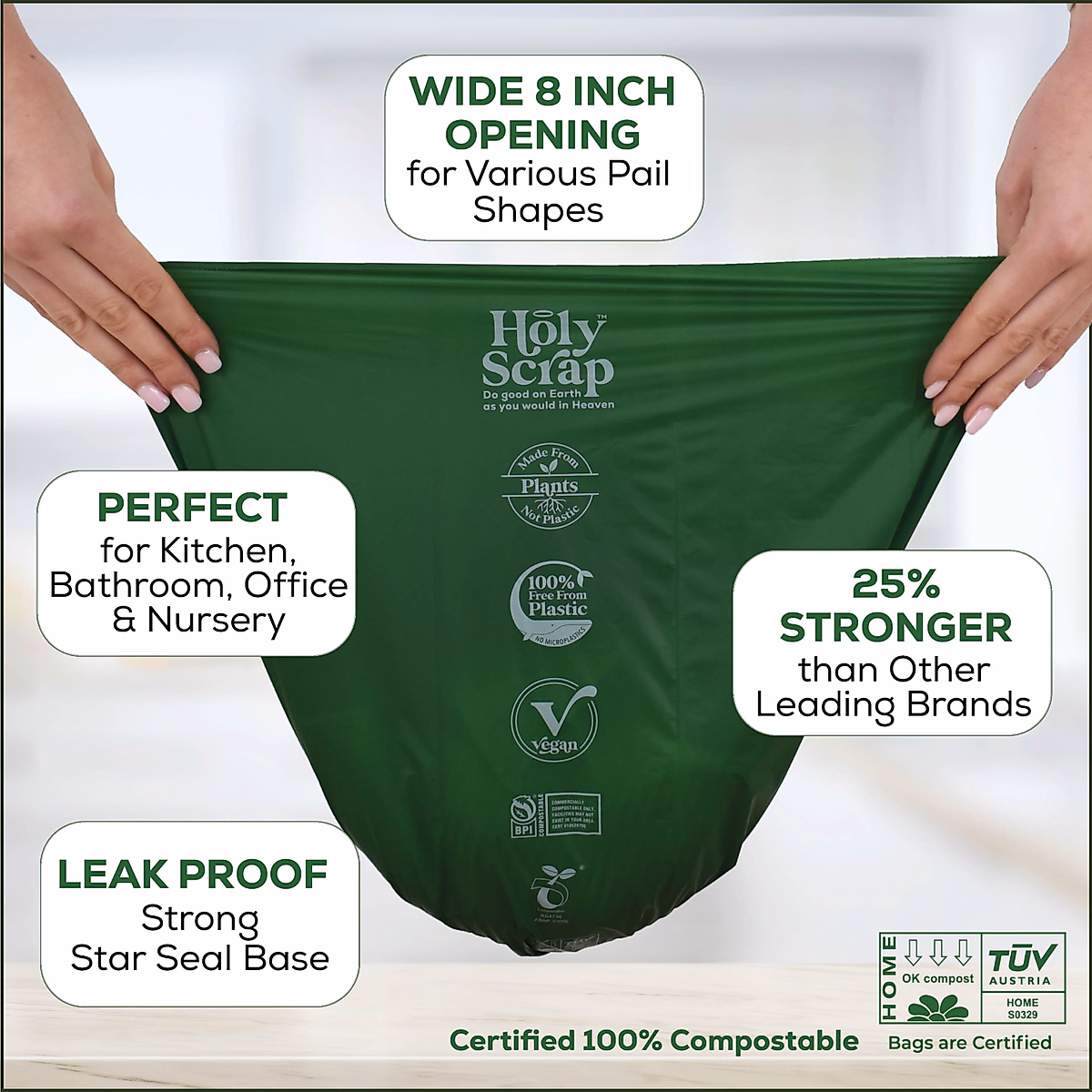 HOLY SCRAP! Small Compostable Trash Bags - 2.6 Gallon, 200 Pack, 100% Plastic-Free Decomposing Kitchen Food Waste Trash Can Bags & Liners, Thick Countertop Garbage, Bathroom & Bio Bin Bags