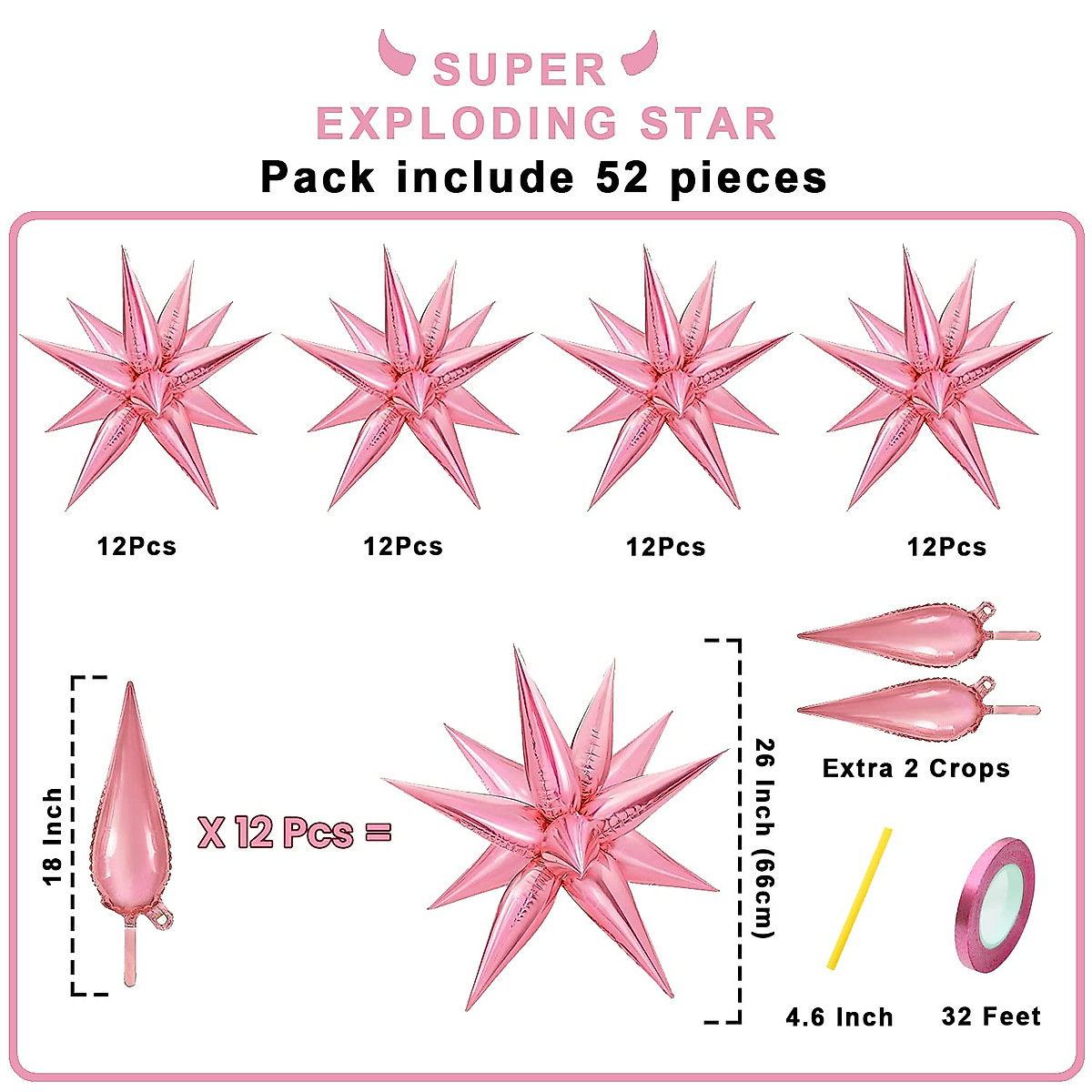 FUNTOOB Pink Star Balloons Metallic Star Foil Balloons Birthday Balloons Pink Star Cone Balloons Starburst Balloon Spike Balloons for Birthday Graduation Business Event Christmas Decorations (50Pcs)