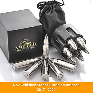 Whiskey Stones Bullets with Base - Silver XL Whiskey Ice Cubes Reusable for Men - Set of 6 Whiskey Bullets Stainless Steel in Revolver Base - Chilling Whiskey Rocks Gift Set by Amerigo