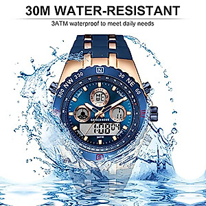 GOLDEN HOUR Luxury Military Sports Men's Watches Large Size Big Face 3ATM Waterproof, Stopwatch, Date and Date, Alarm, Luminous Digital Analog Wrist Watch with Rubber Band in Rose Gold Blue
