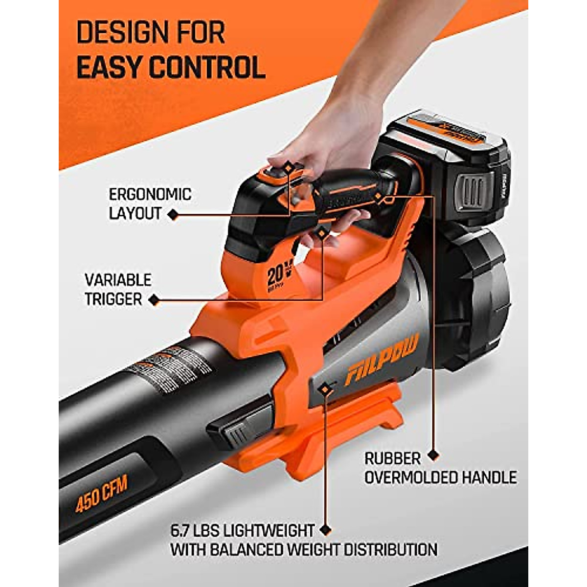 FIILPOW 20V 450CFM Leaf Blower, Brushless Blower Cordless with 4.0Ah Battery and Fast Charger, Turbo Mode & Variable Speed Trigger and Lock Dial, Lightweight Axial Blower for Lawn Care, Yard, Driveway