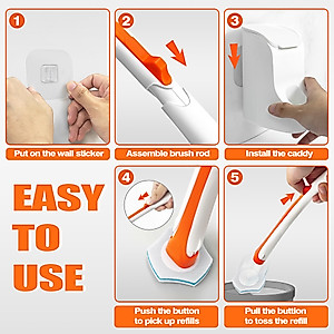 JEHONN Disposable Toilet Bowl Cleaner Wand with 40 Cleaner Refills, Wall Mounted Long Handle Compact Bathroom Scrub Brush Holder Set for Sink Bathtub Wash Basin Mop Pool (Orange)