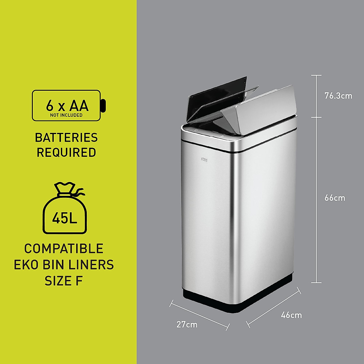 EKO Deluxe Phantom 45 Liter / 11.8 Gallon Touchless Motion Sensor Trash Can, 50 Liter Vertical, Brushed Stainless Steel Finish