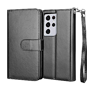 NJJEX Wallet Case for Samsung Galaxy S21 Ultra 5G, for Galaxy S21 Ultra Case 6.8", [9 Card Slots] PU Leather ID Credit Holder Folio Flip [Detachable] Kickstand Magnetic Phone Cover & Lanyard [Black]