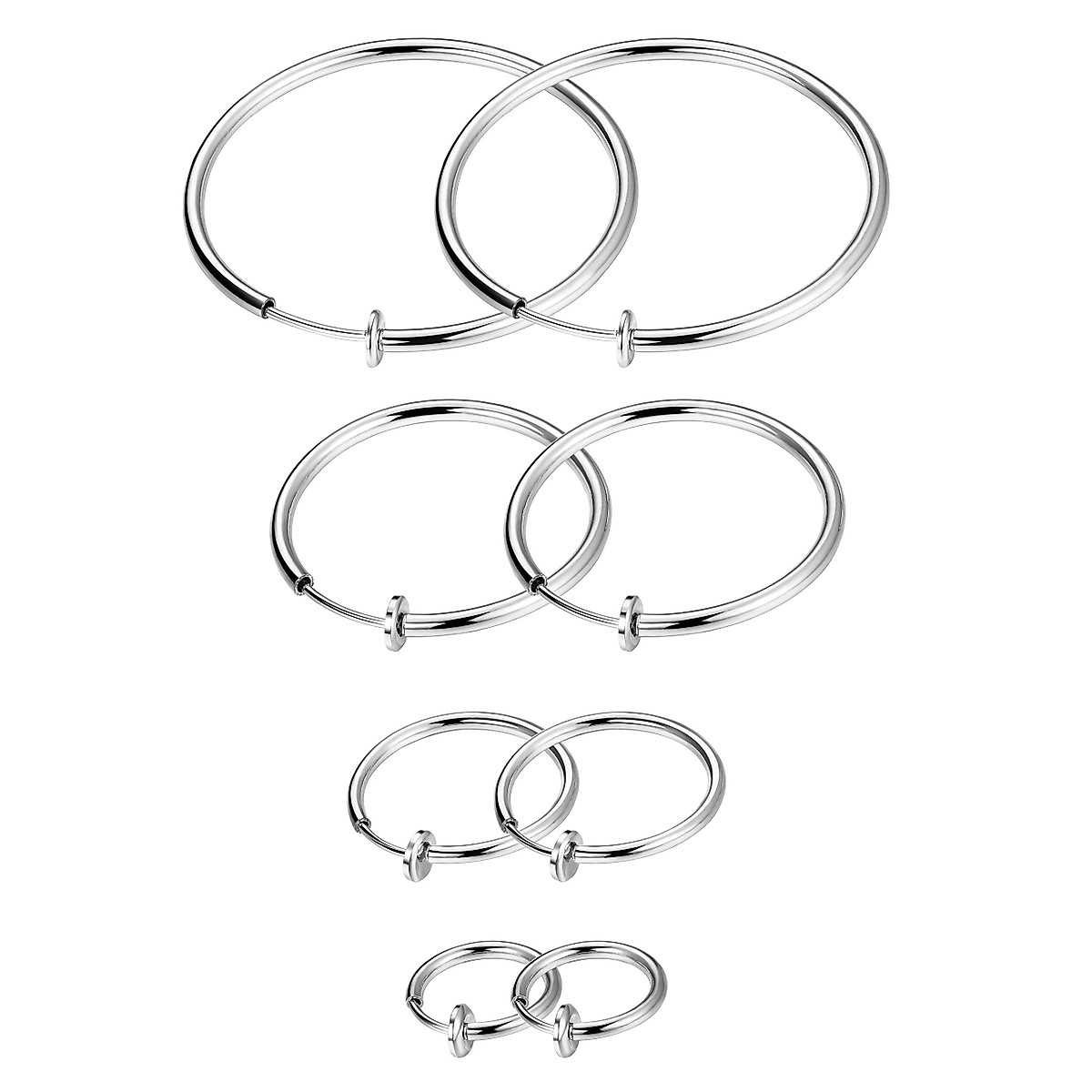 Keklle Stainless Steel 4 Pairs Clip On Hoop Earrings for Women Men Non Pierced Earrings (A:Silver-Tone)