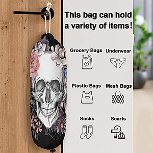 Skull Flower Plastic Bag Holder, Day of The Dead Grocery Bag Storage Holder Hanging Garbage Shopping Bag Trash Bags Organizer for Kitchen Home
