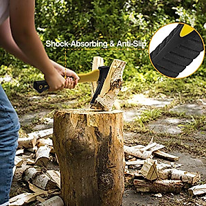 KURUI Wood Chopping Axe with Sheath, 15” Outdoor Camping Hatchet for Cutting and Kindling, Camp Splitting Axe with Fiber Glass Shock-Absorbent Anti-Slip Handle