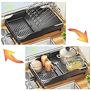 PXRACK Dish Drying Rack, Expandable(11.5"-19.3") Dish Rack for Kitchen Counter, Dish Rack and Drainboard Set, Dish Drainer with Utensil Holder for Kitchen Sink, Black